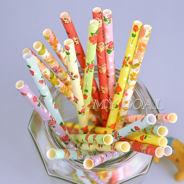 25pcs Retro Paper Drinking Straws Vintage Flower Floral Birthday